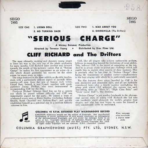 Cat. No. VV 1004: CLIFF RICHARD AND THE DRIFTERS ~ SERIOUS CHARGE. COL ...