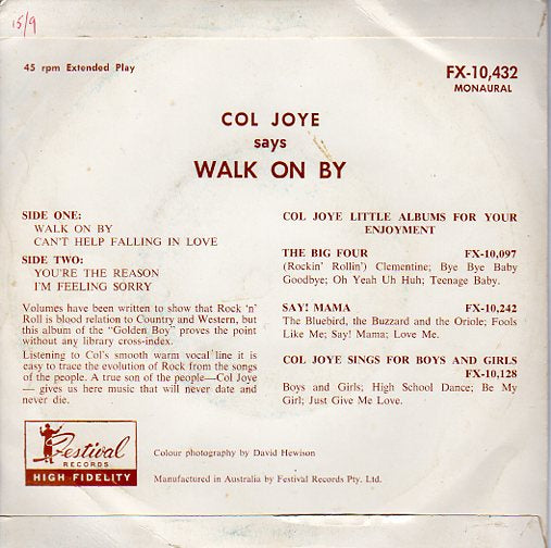 Cat. No. VV 1042: COL JOYE ~ WALK ON BY. FESTIVAL FX-10,342 ...