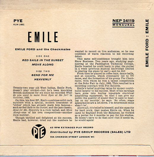 Cat. No. VV 1044: EMILE FORD AND THE CHECKMATES ~ EMILE. PYE NEP 24119 ...