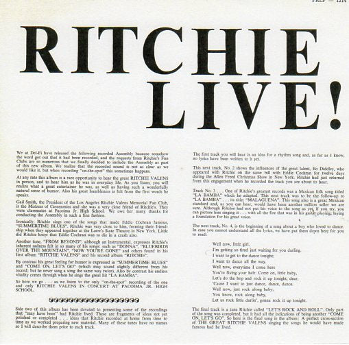 Cat. No. VV 1109: RITCHIE VALENS ~ IN CONCERT AT PACOIMA JR, HIGH. PRI ...